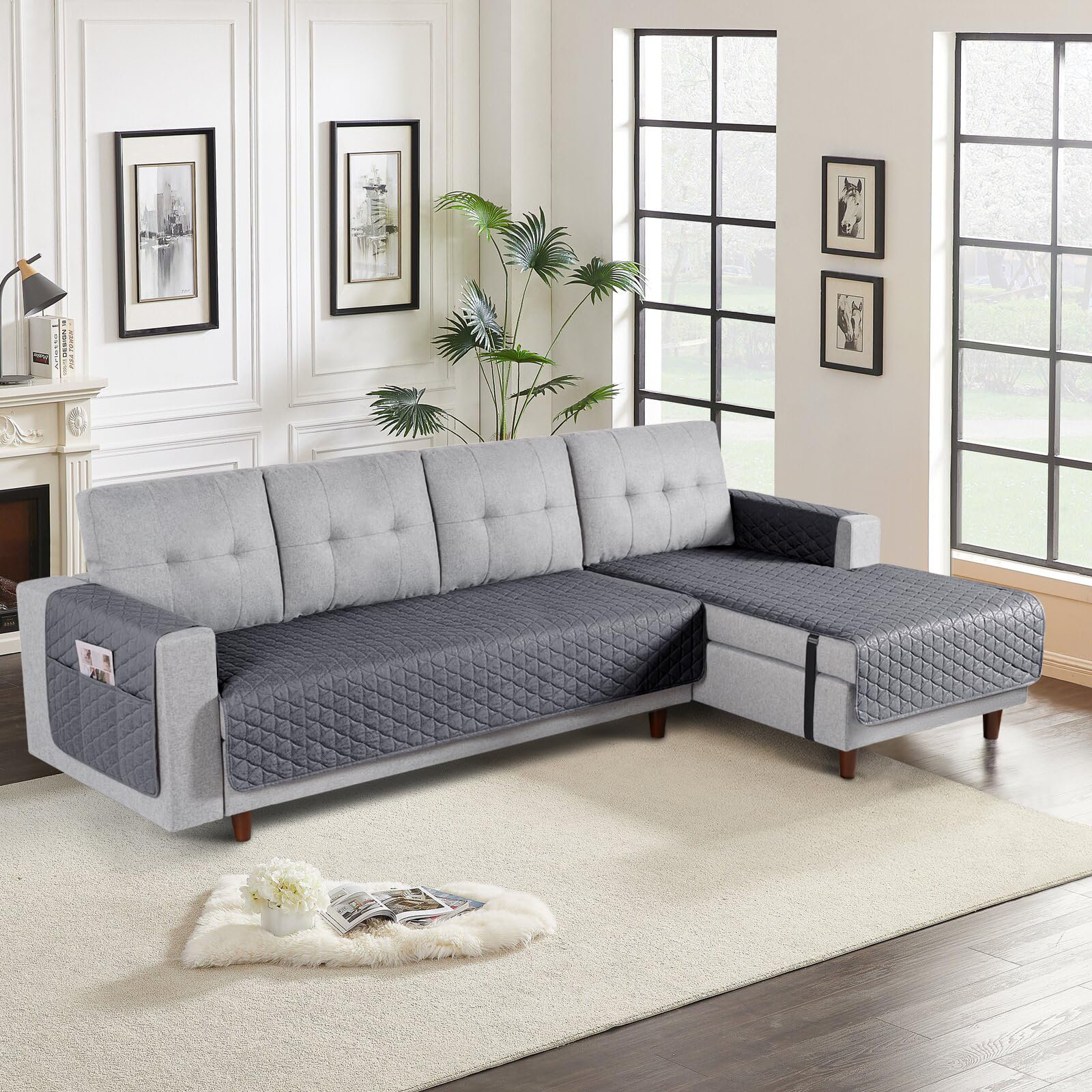 Hokku Designs Sectional Couch Covers 100 Waterproof L Shaped Sofa Covers For Right Hand Facing Chaise Lounge 2 Pieces Couch Cover L Shape Furniture Protector Slipcover For Pets Kids Large Dark Gray Wa...
